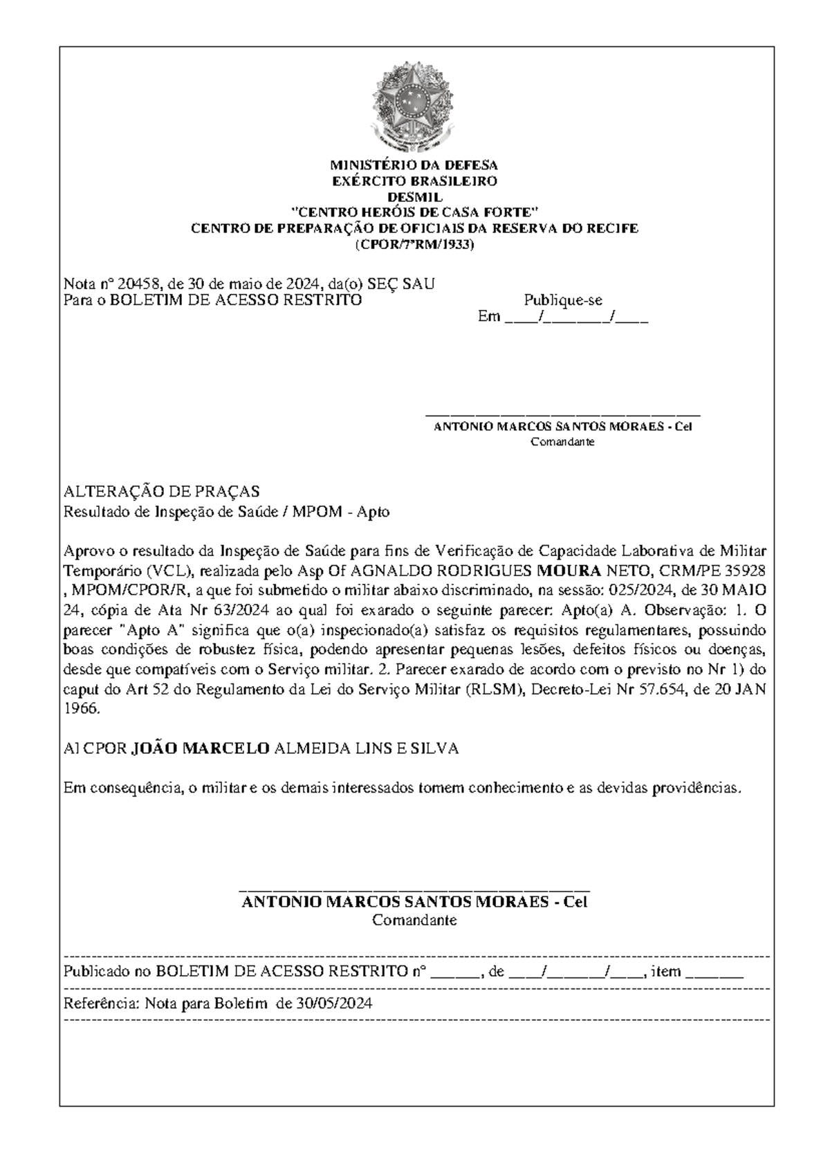 2024-05-30 20458 nota boletim de acesso restrito - MINISTÉRIO DA DEFESA ...