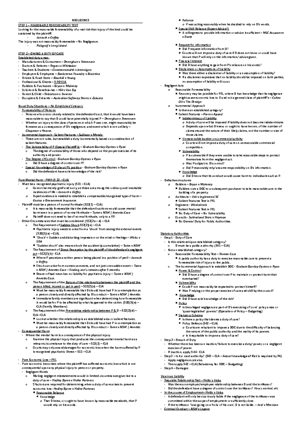LLB 240 - EXAM Structure - NEGLIGENCE STEP 1 REASONABLE FORESEEABILITY ...