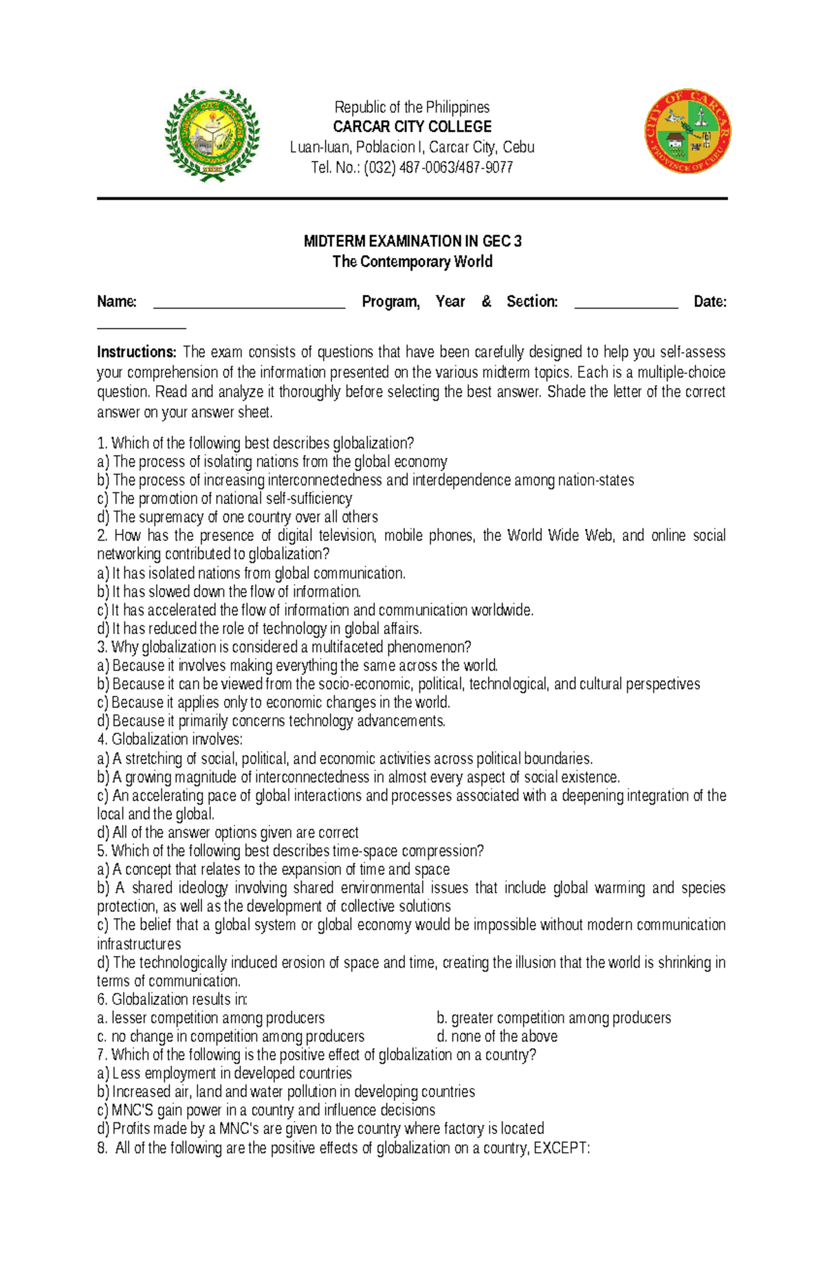 2Miterm Exam in GEC-3 - Course Syllabus - Republic of the Philippines ...