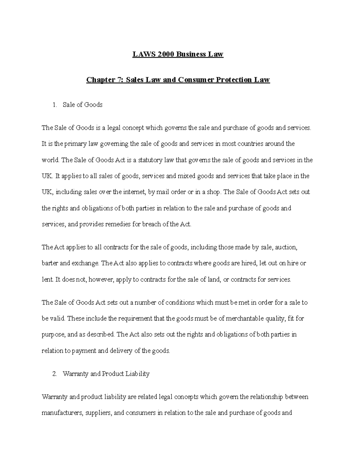 Chapter 7- Sales Law and Consumer Protection Law - LAWS 2000 Business ...