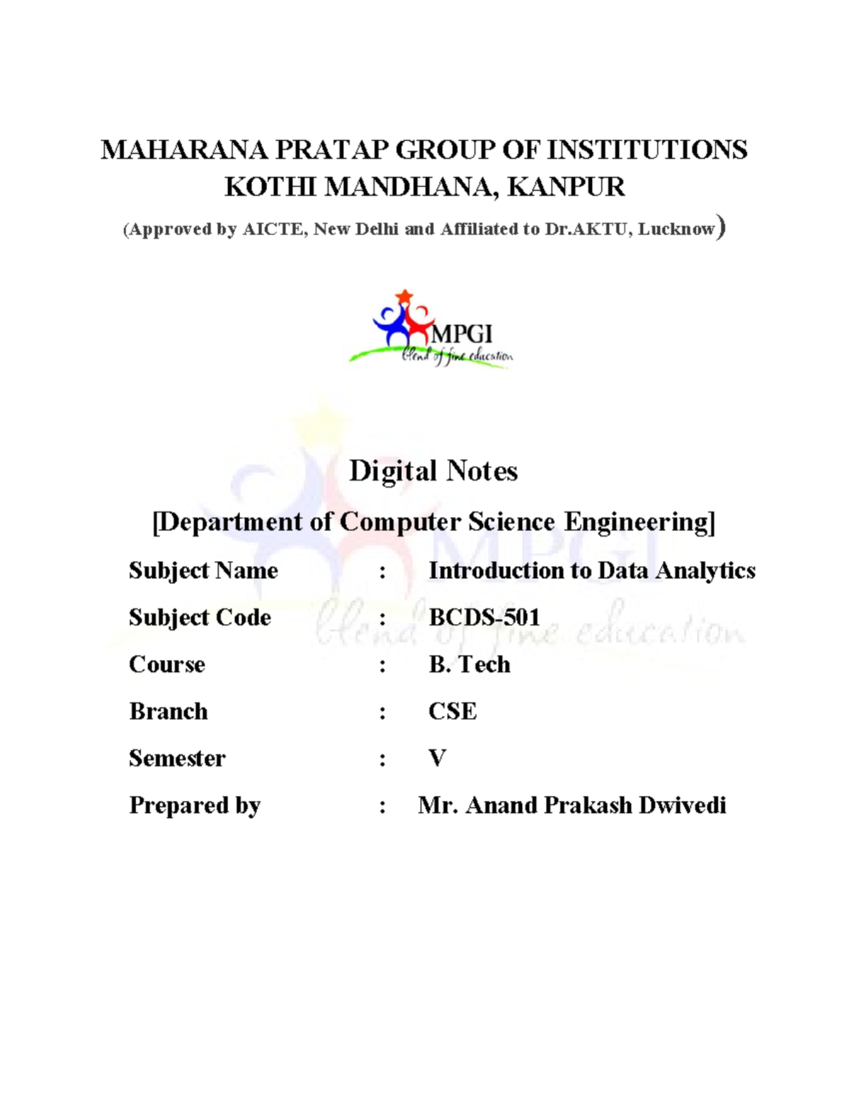 Dataanalyticsunit-2 - notes of data analytics unit 2 - MAHARANA PRATAP ...