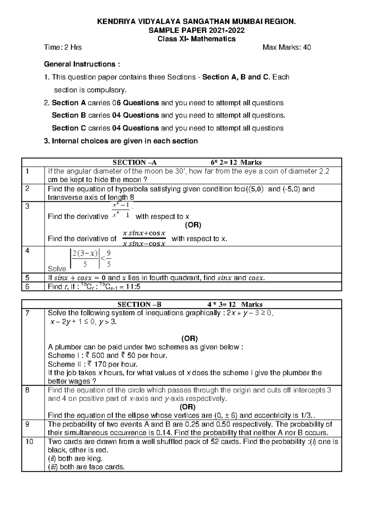 Set 1 Sample Question Paper Math XI Term-2 - KENDRIYA VIDYALAYA ...