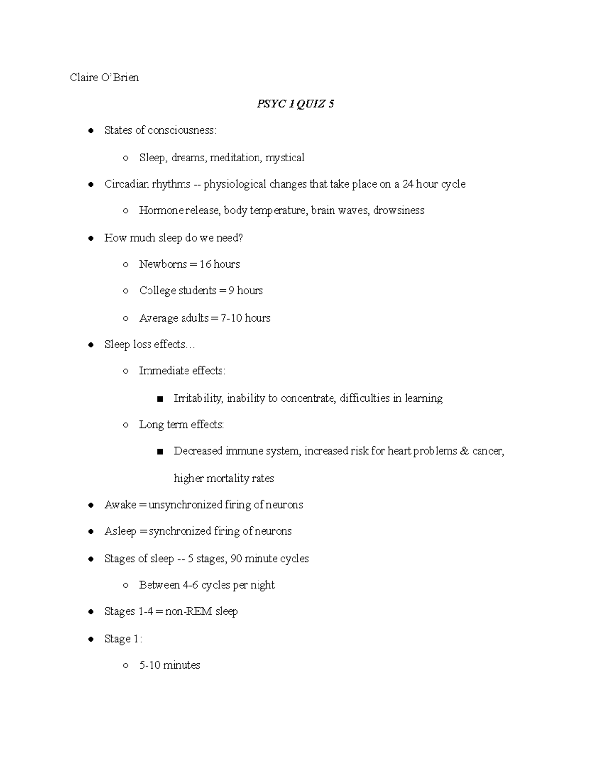 Sleep & Consciousness Chapter Notes - Claire O’Brien PSYC 1 QUIZ 5 ...