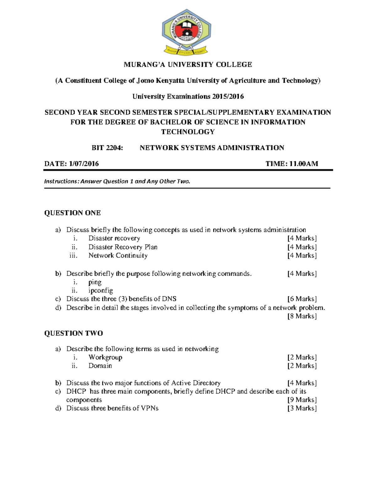 BIT 2204 Network Systems and Administration[EXAM] - MURANG’A UNIVERSITY ...