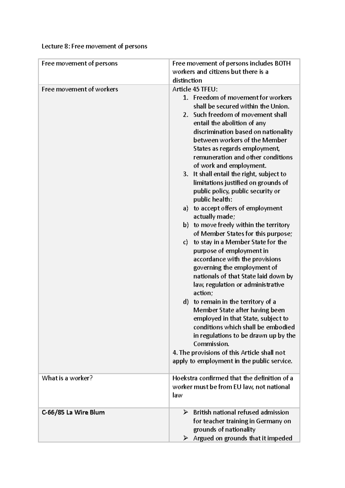 Lecture 8 - EU LAW - Lecture 8: Free movement of persons Free movement ...