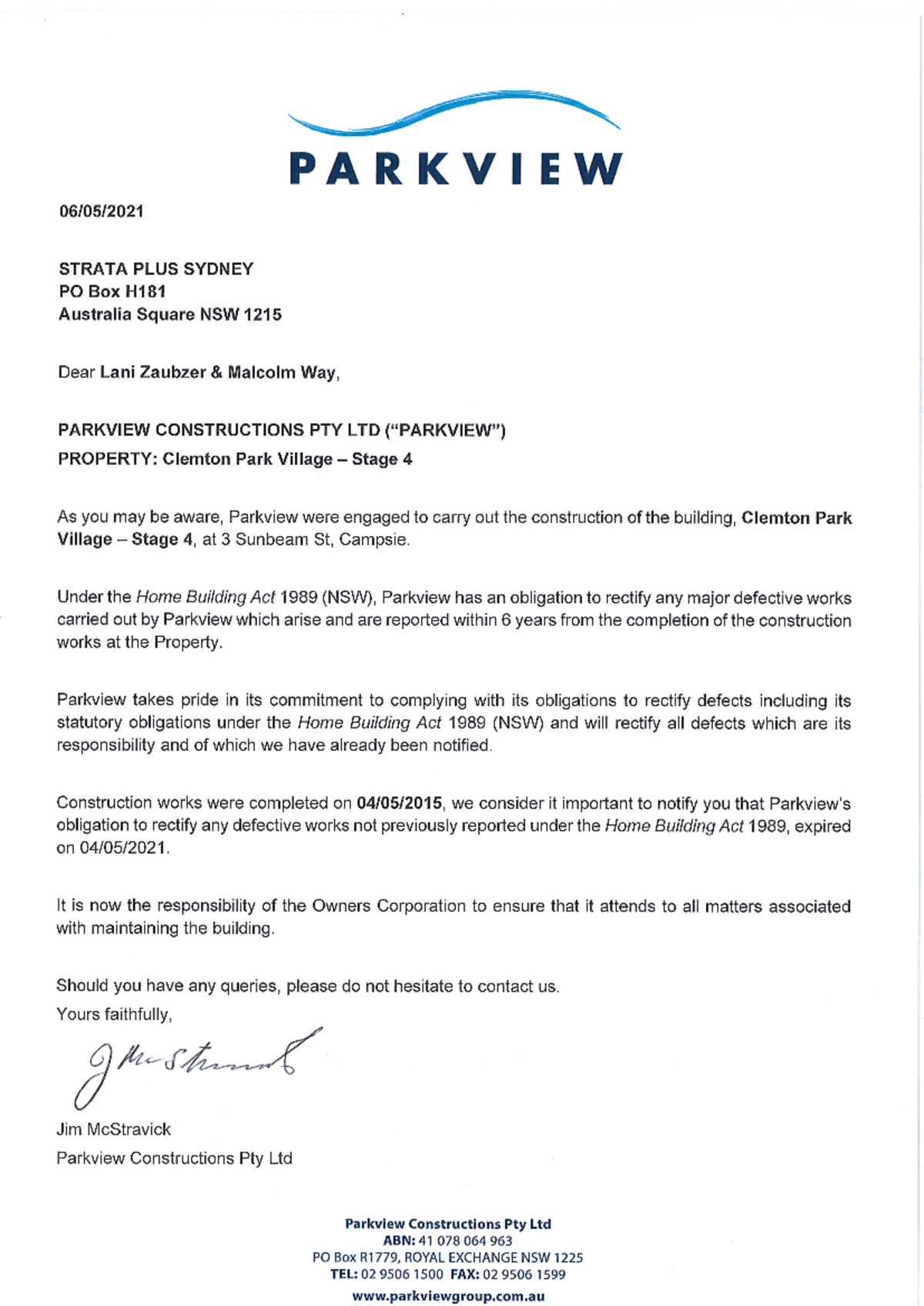 Statutory Defect Liability Period Expiry Notice - PARKVIEW STRATA PLUS ...