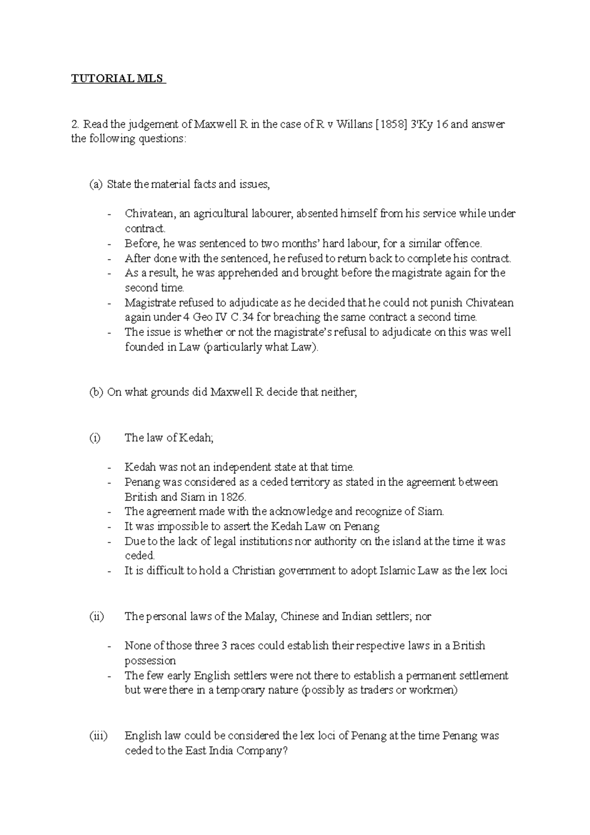 Tutorial Q2 Malaysia Legal System - TUTORIAL MLS Read the judgement of ...