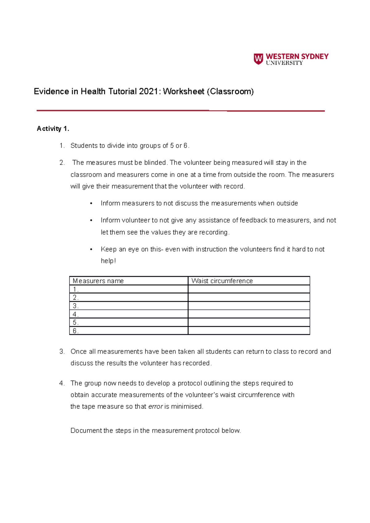 EIH Tutorial Week 05 Worksheet Classroom - Evidence in Health Tutorial ...
