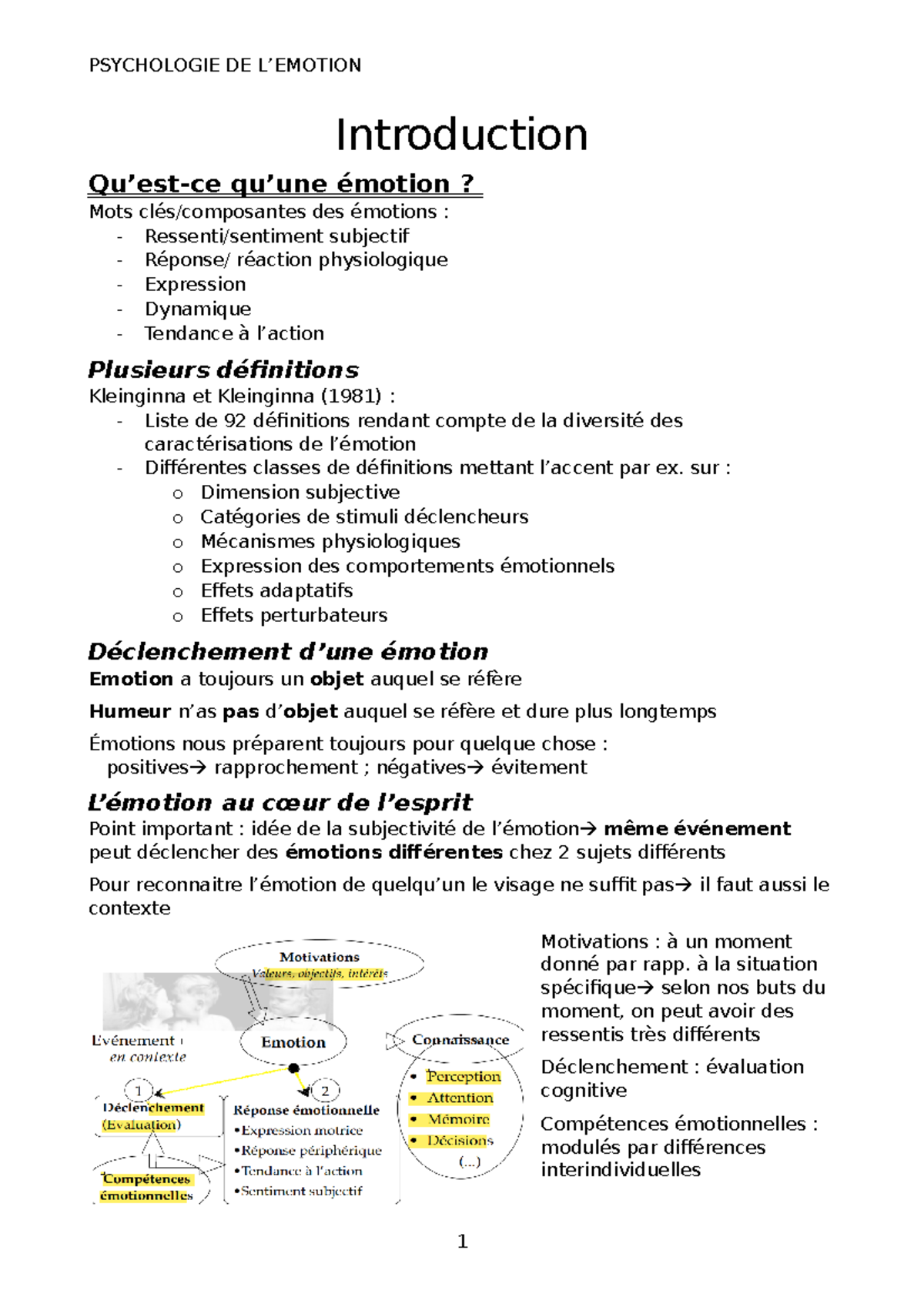 Resume EMO - Résumé - Introduction Qu’est-ce qu’une émotion? Mots clés ...