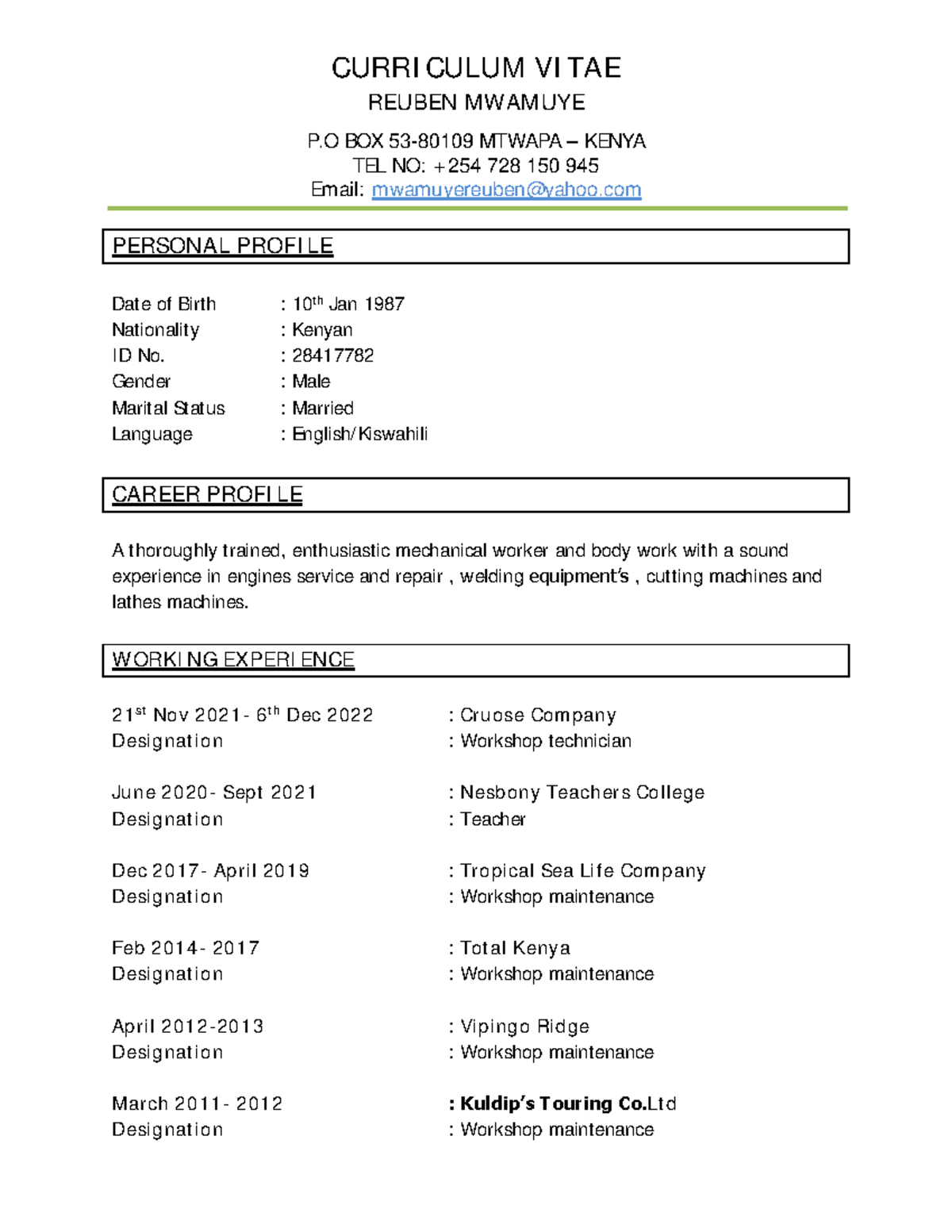 Reuben CV 2 - Lecture - CURRICULUM VITAE REUBEN MWAMUYE P BOX 53 ...