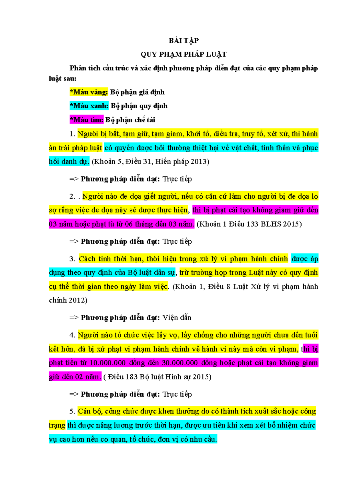 PLDC - BT Chương 3 - BÀI TẬP QUY PHẠM PHÁP LUẬT Phân tích cấu trúc và xác định phương pháp diễn ...