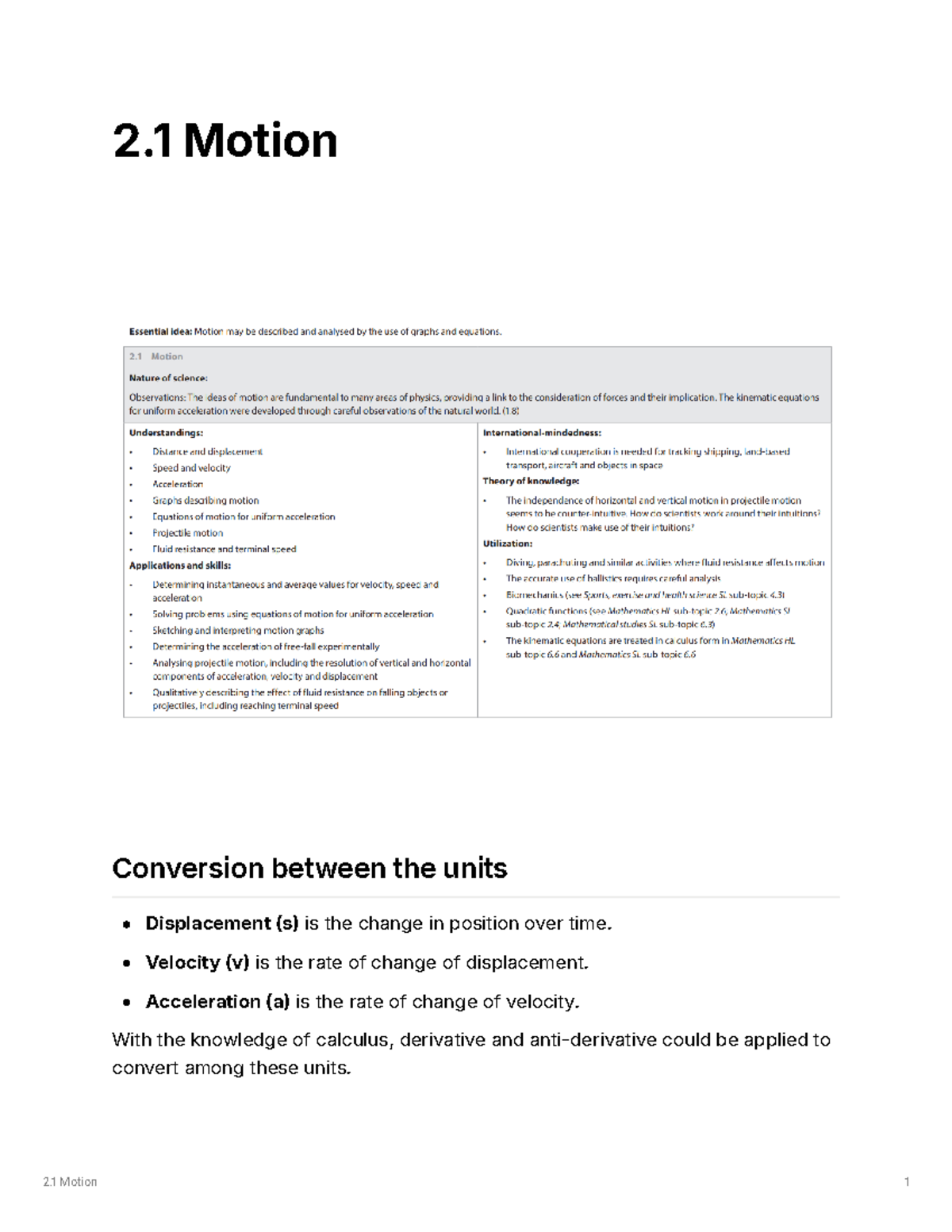 2.1 Motion - Topic 2.1 - 2 Motion 1 2 Motion Conversion between the ...