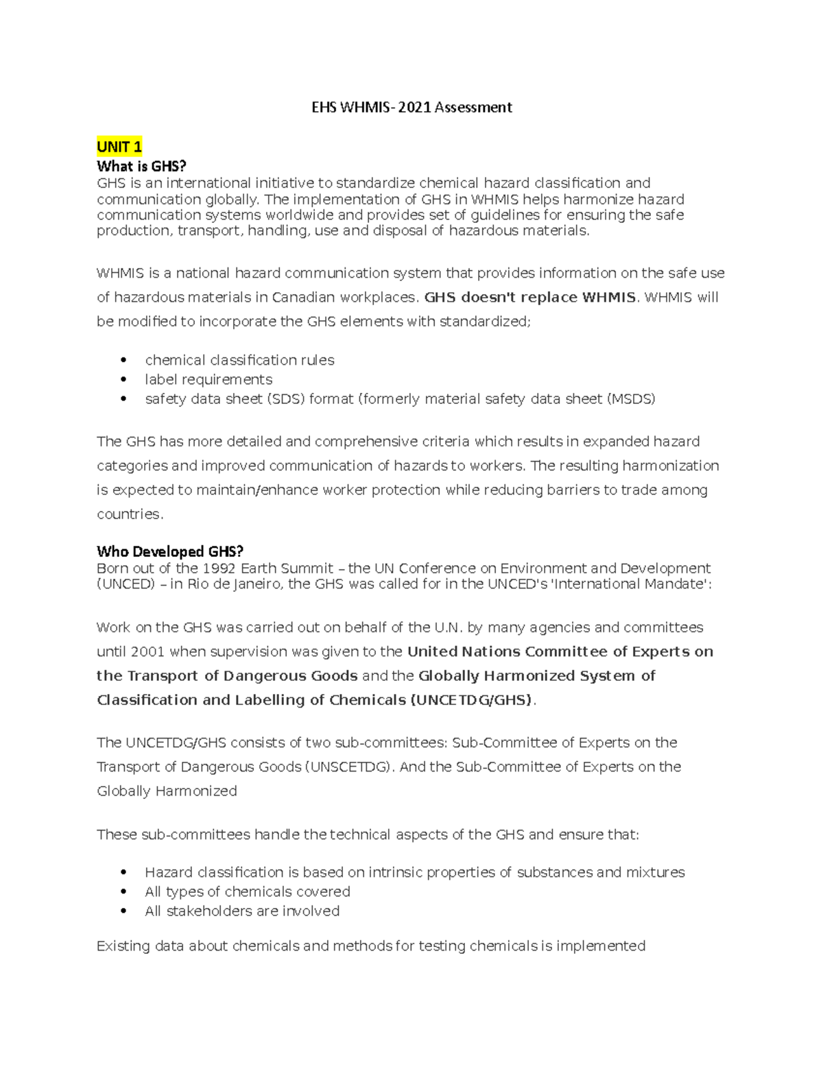 EHS Whmis 2022 - EHS WHMIS- 2021 Assessment UNIT 1 What is GHS? GHS is ...