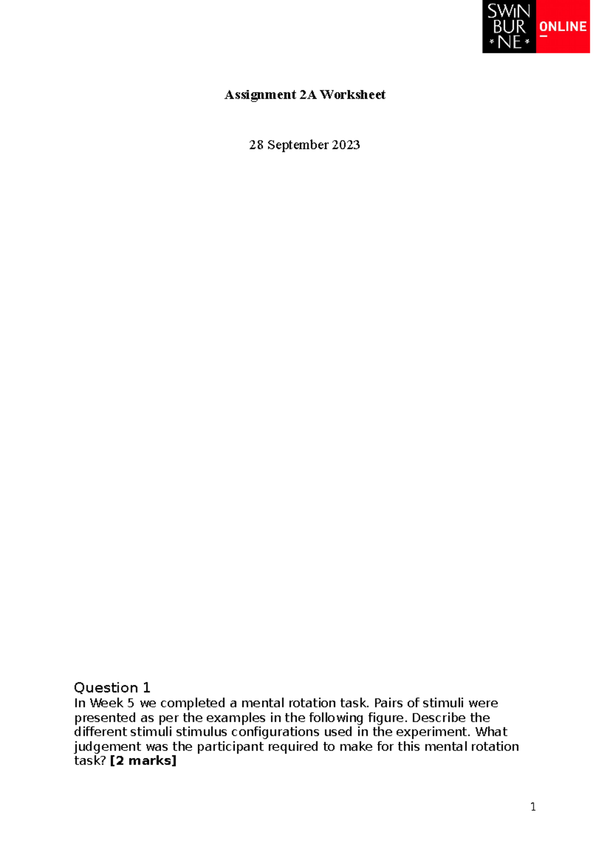 PSY20006 A2A Worksheet - Assignment 2A Worksheet 28 September 2023 ...