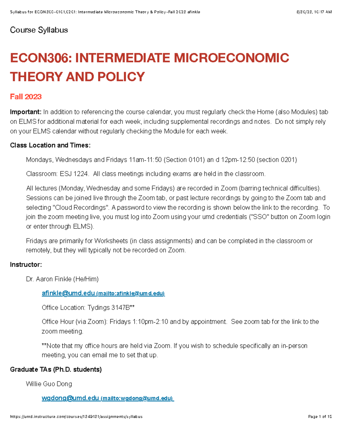 ECON306-202308 syllabus - Course Syllabus ECON306: INTERMEDIATE MICROECONOMIC THEORY AND POLICY ...