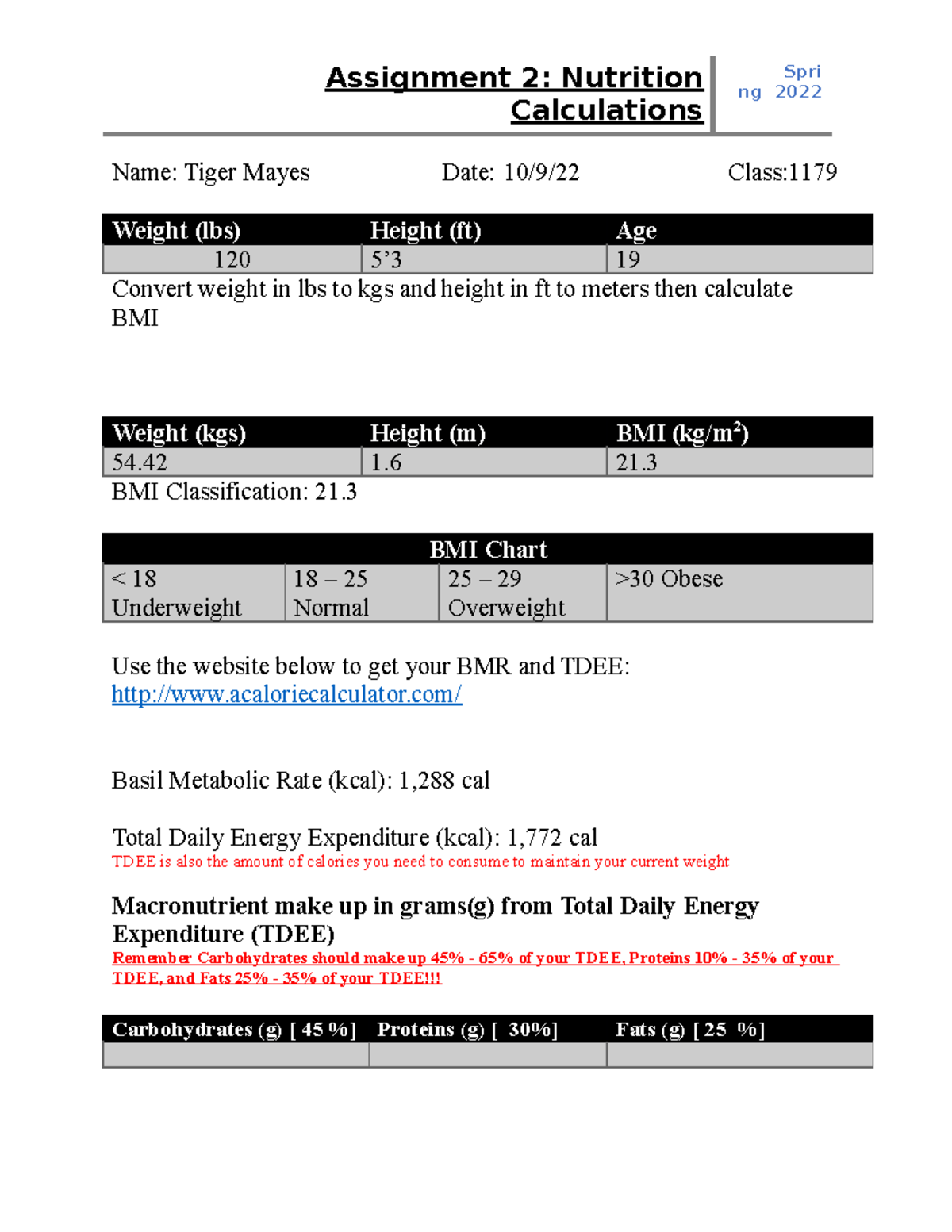 Assignment 2 Nutrition Calculations-1 - Assignment 2: Nutrition ...