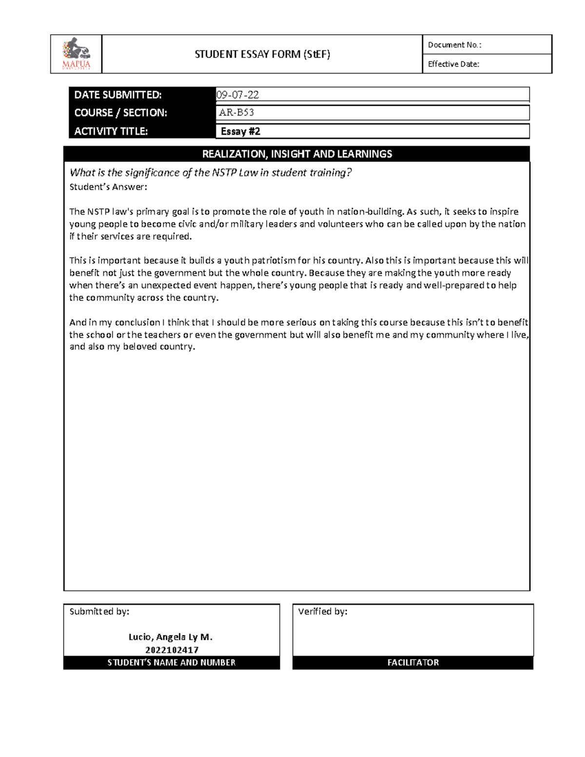 Form - NSTP1 00 Essay - NSTP 100 1ST TERM 2022-2023 - STUDENT ESSAY ...