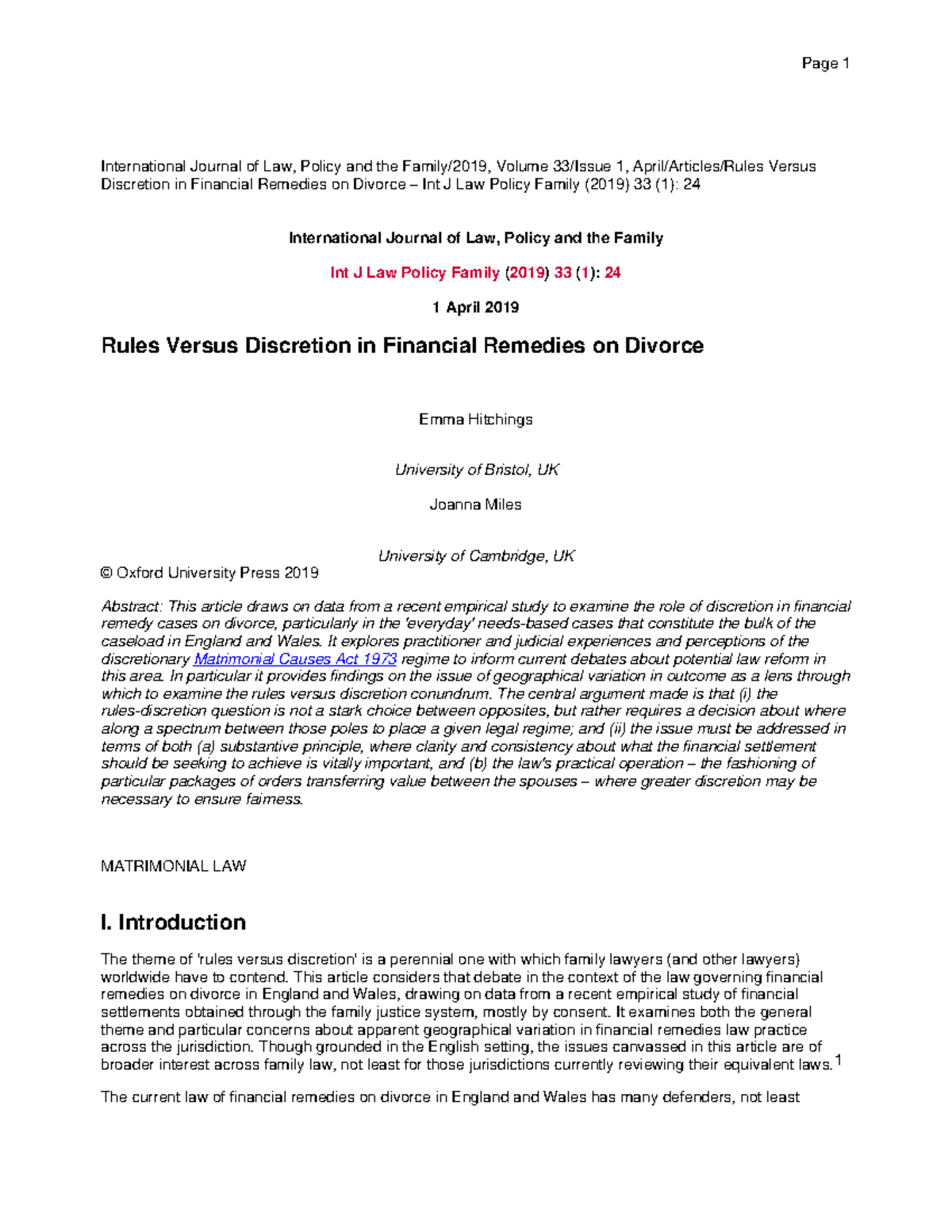 Rules versus discretion in financial remedies on divorce ...