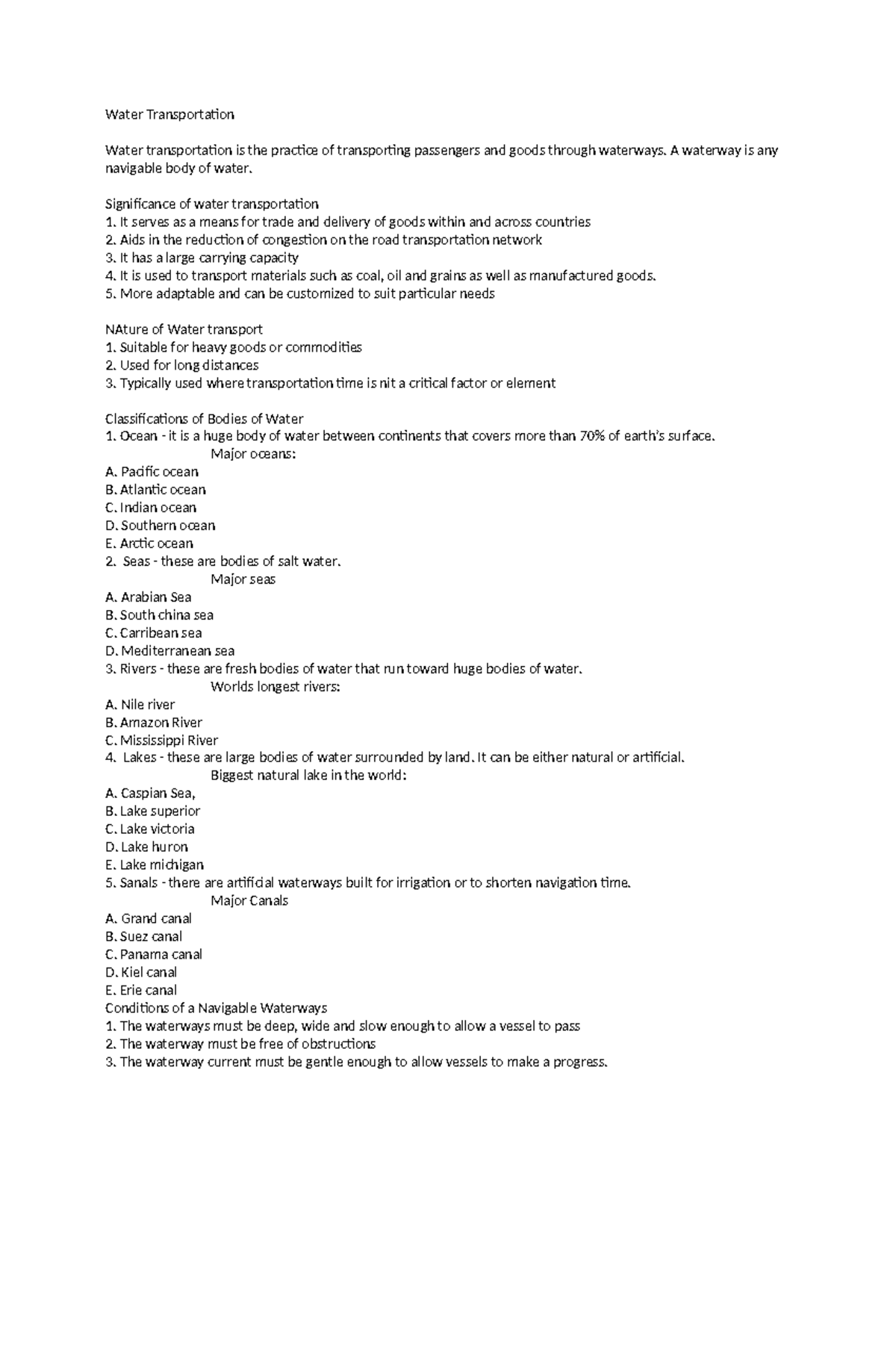 Water Transportation - Water Transportation Water transportation is the ...