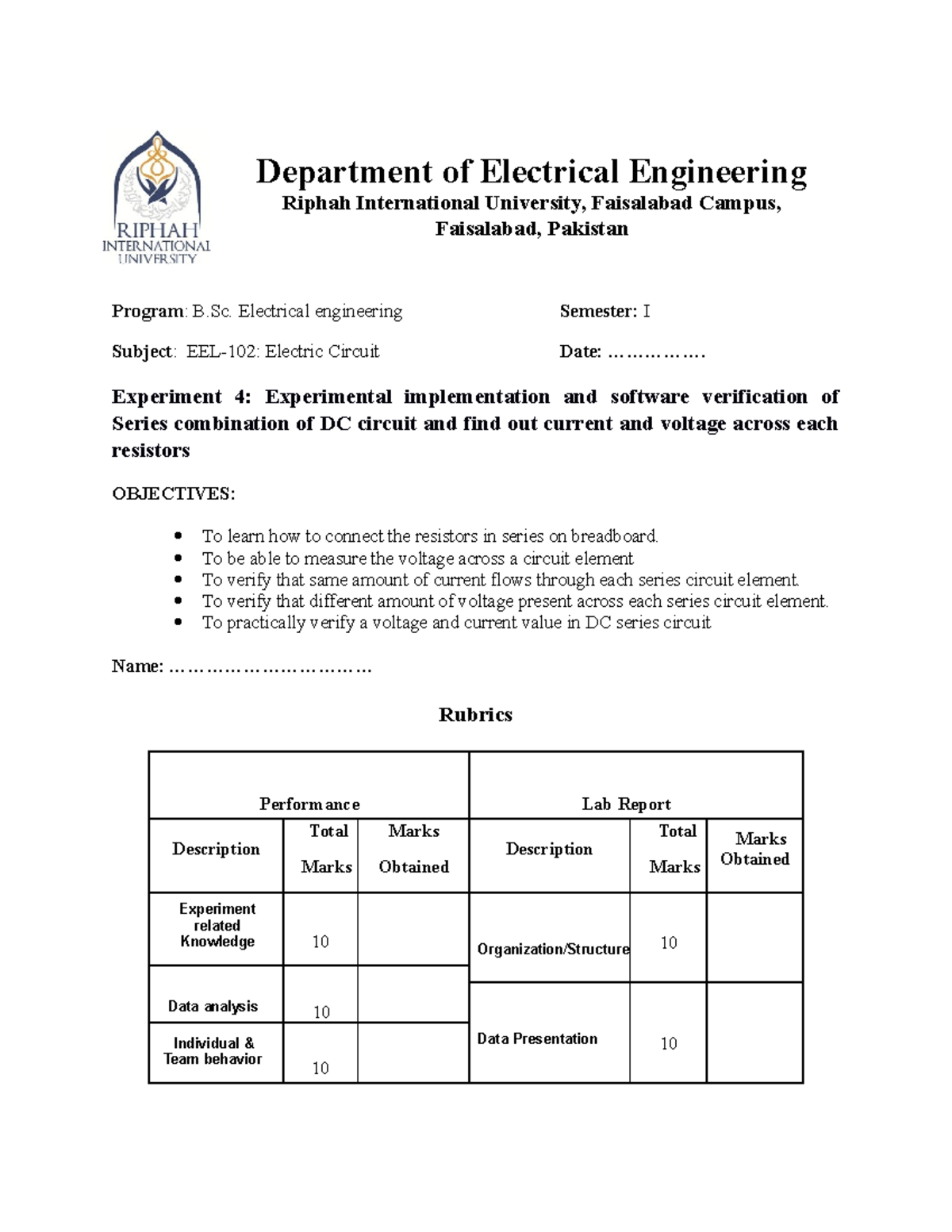 electric circuit student lab 3 experiment for practice - Department of ...