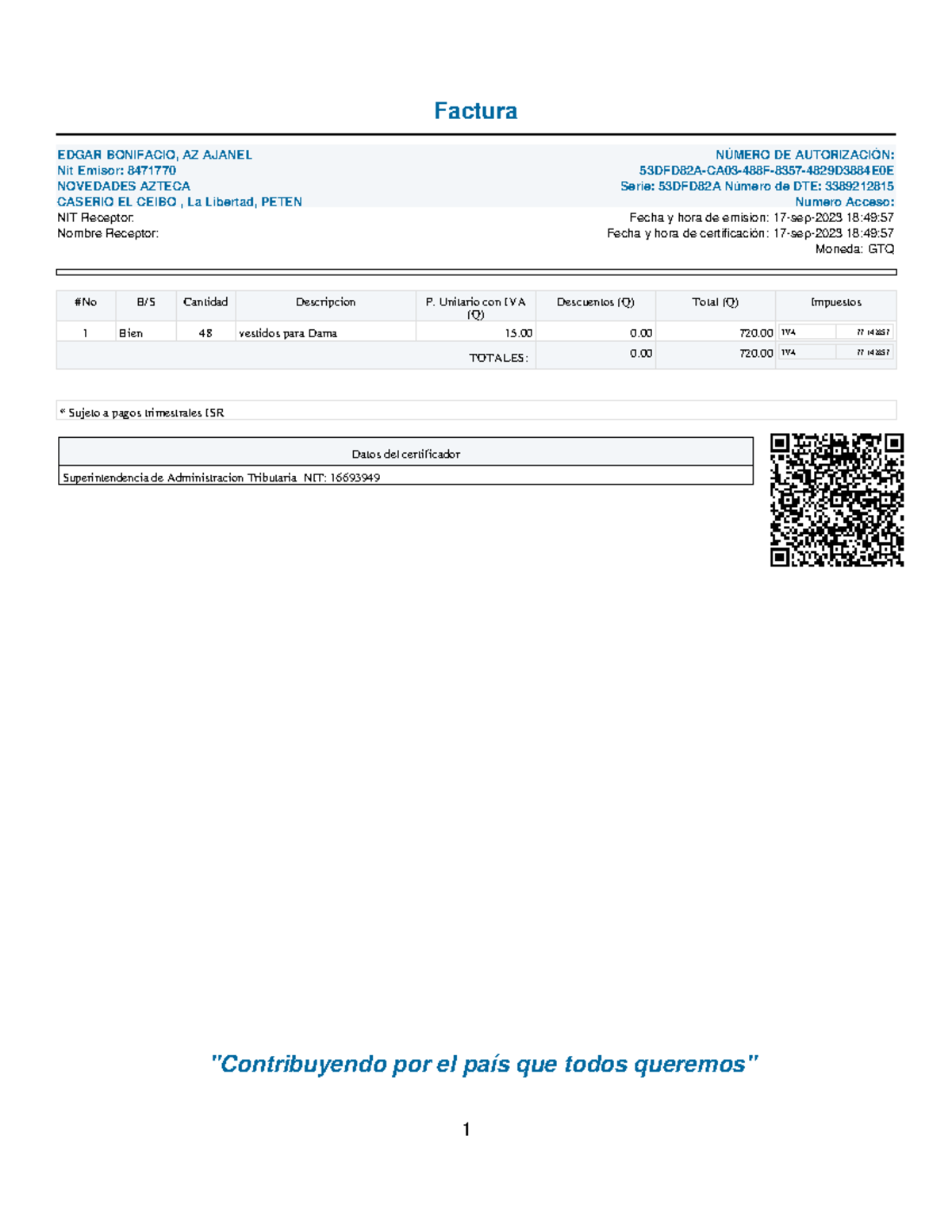 Facturas impuesto aduana - Factura 1 EDGAR BONIFACIO, AZ AJANEL NÚMERO ...