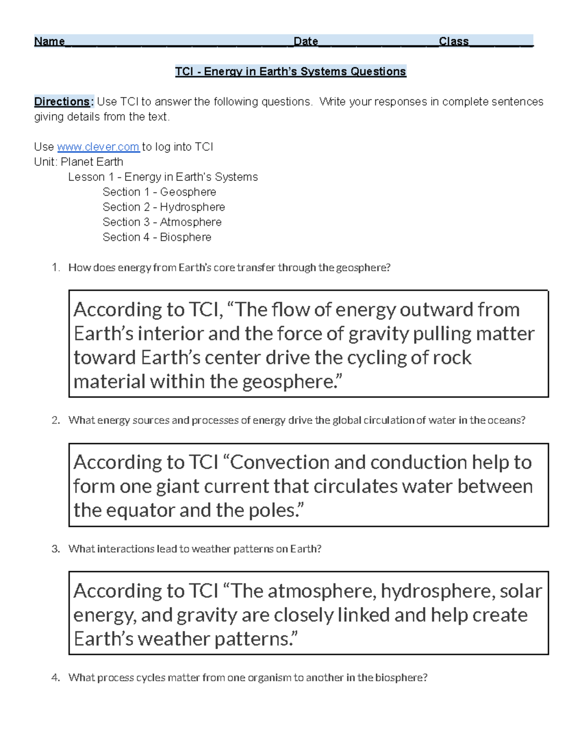 8T TCI - Energy (Earth's Systems) Questions - - Studocu