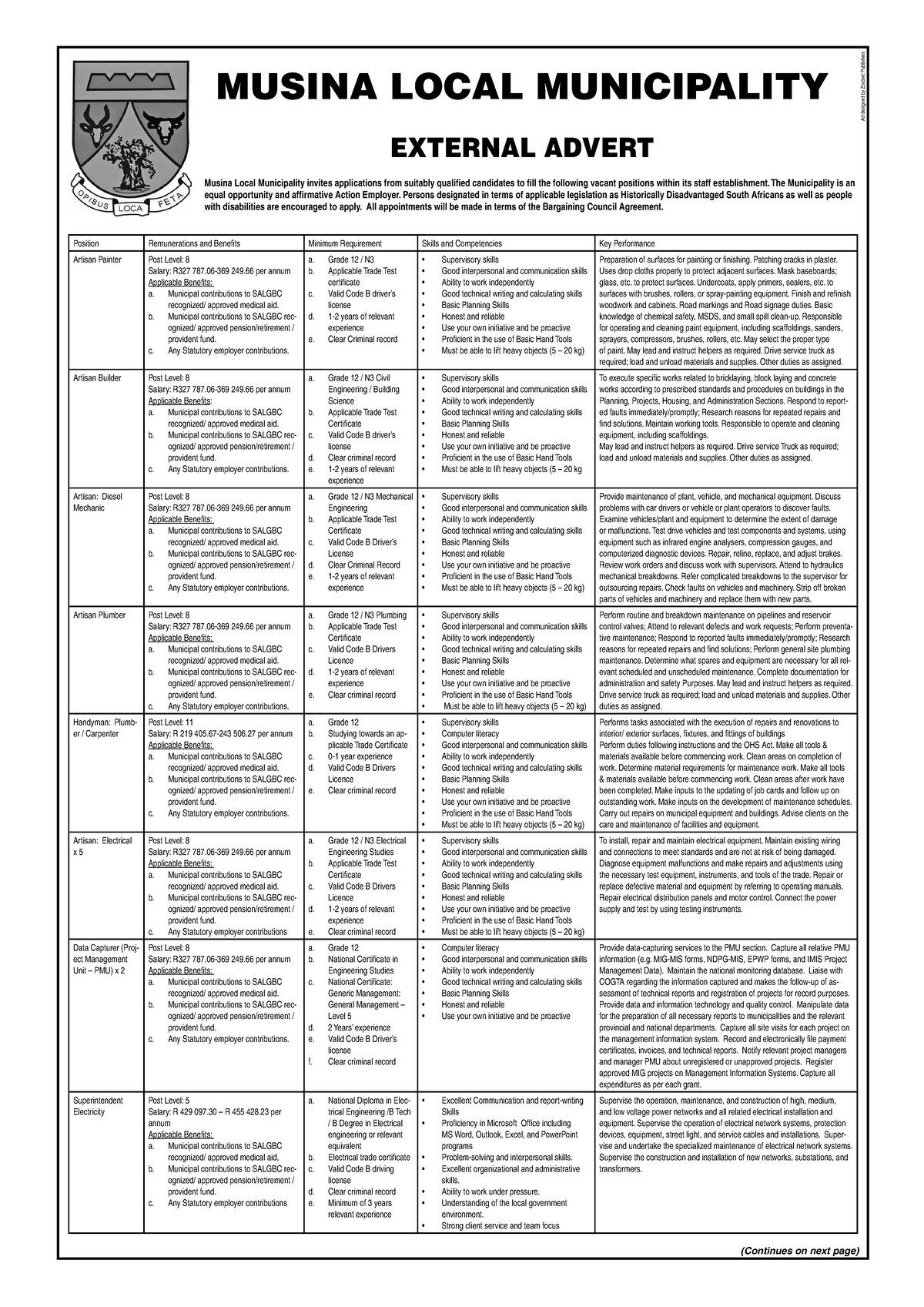 Musina Local Municipality vacancies 1 August 2024 - ####### Musina ...
