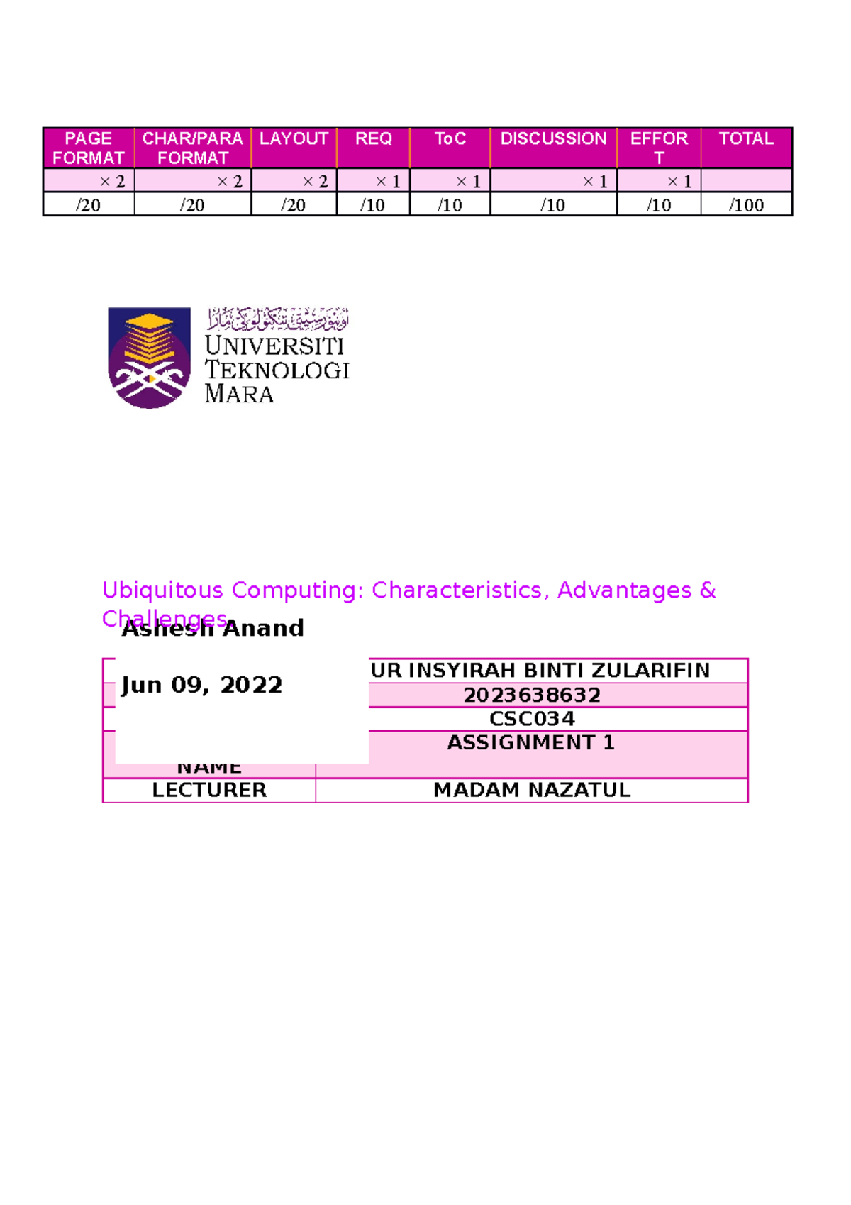 2023638632 Assignment 1 - PAGE FORMAT CHAR/PARA FORMAT LAYOUT REQ ToC ...
