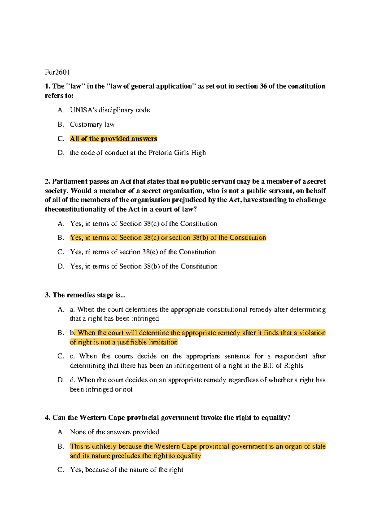 FUR2601 101 Exam - Fur The "law" in the "law of general application" as ...