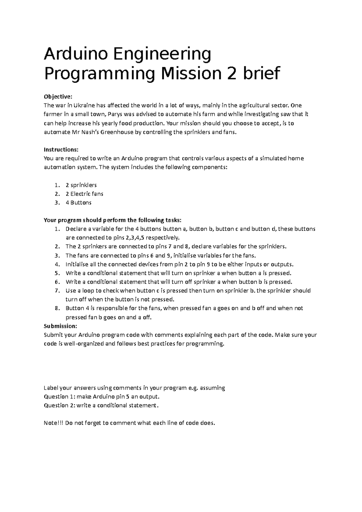 Assignment 2 Brief Diploma - Arduino Engineering Programming Mission 2 ...