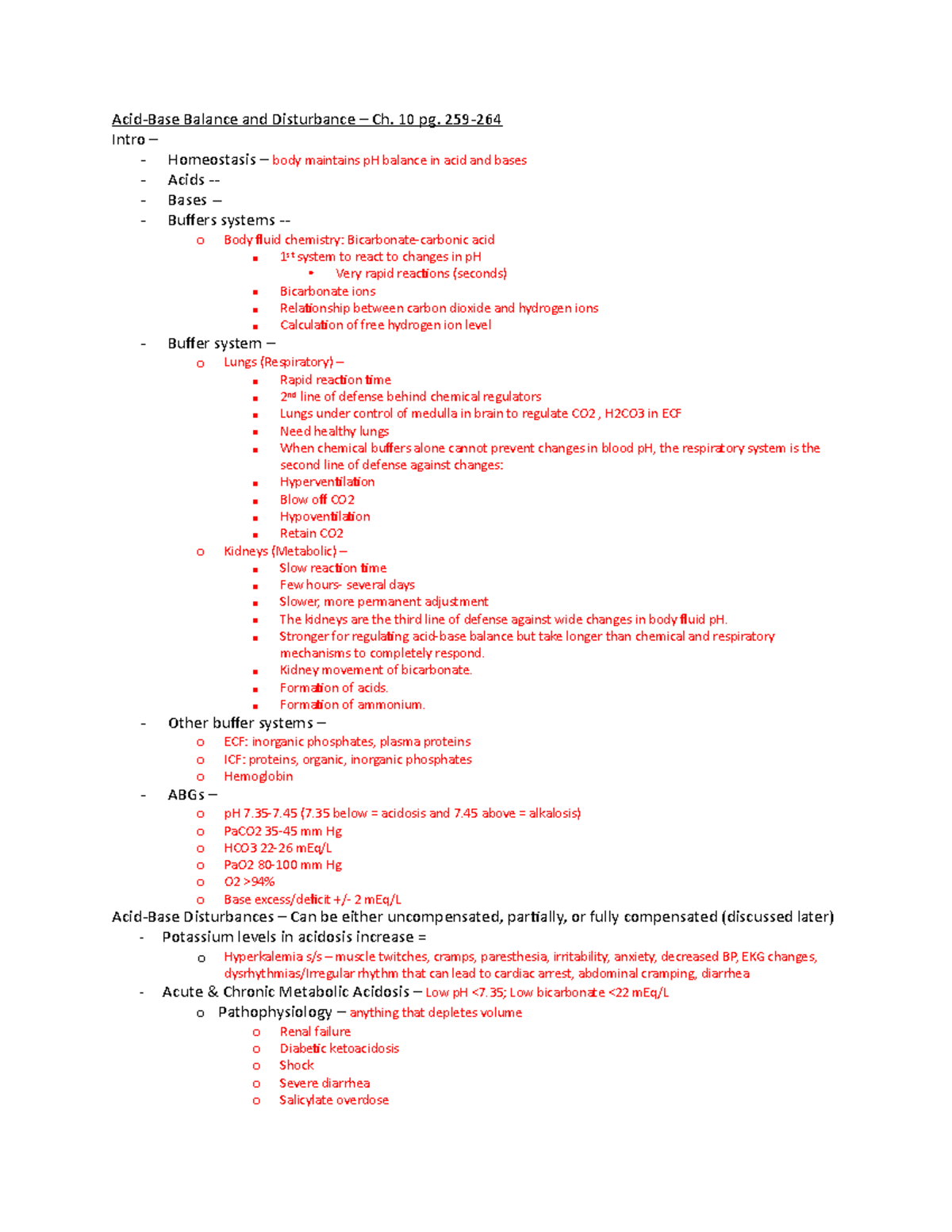 Acidbase - notes - Acid-Base Balance and Disturbance – Ch. 10 pg. 259 ...