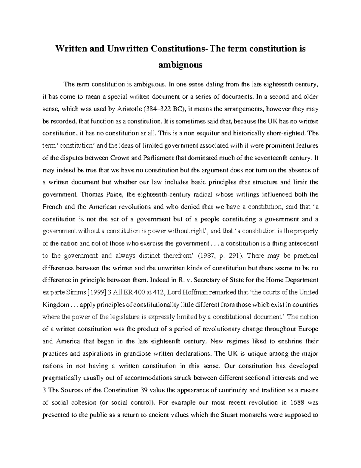 Written and Unwritten Constitutions- The term constitution is ambiguous ...