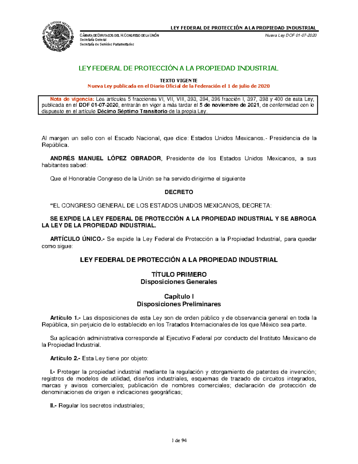 Lfppi 010720 - Derecho económico y comercial - C¡MARA DE DIPUTADOS DEL ...