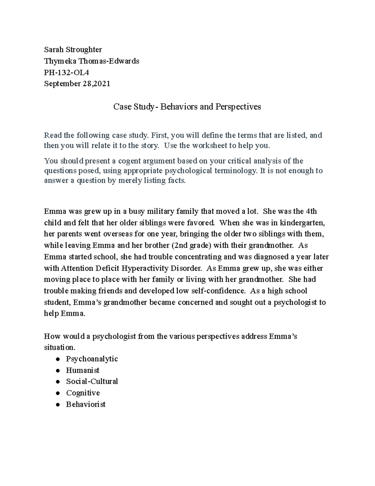 General Psychology...Case Study- Behaviors and Perspectives - Sarah ...
