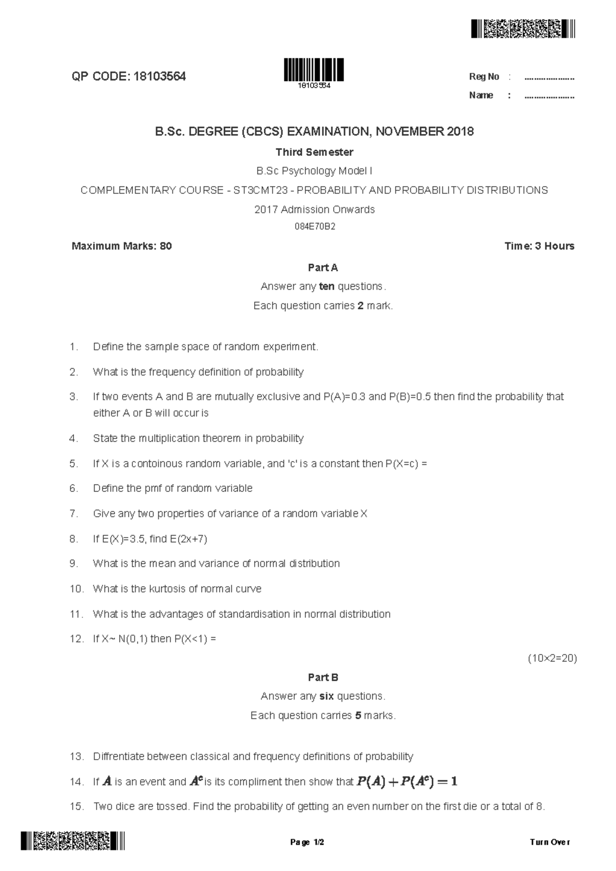 PS3SMEP 2018 NOV Probability - QP CODE: 18103564 Reg No : ..................... Name : - Studocu