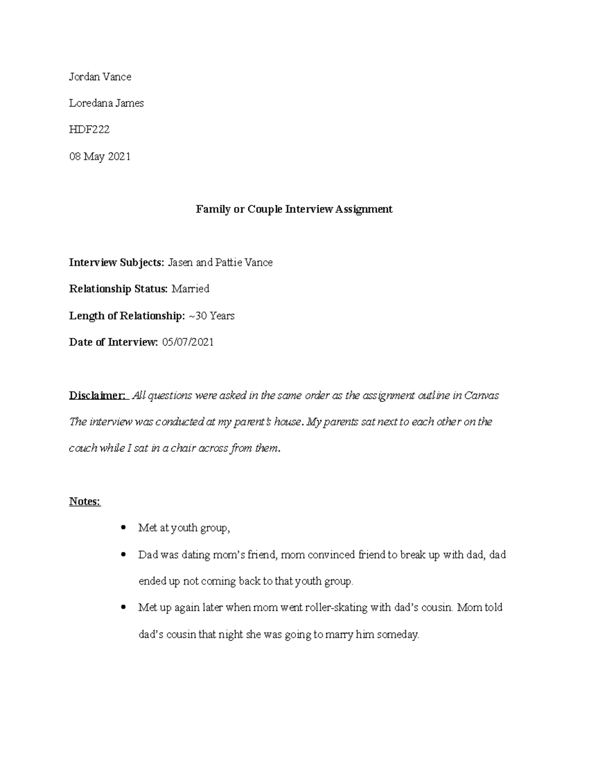 HDF222 Family or Couple Interview Assignment Jordan Vance 08 05 2021 ...