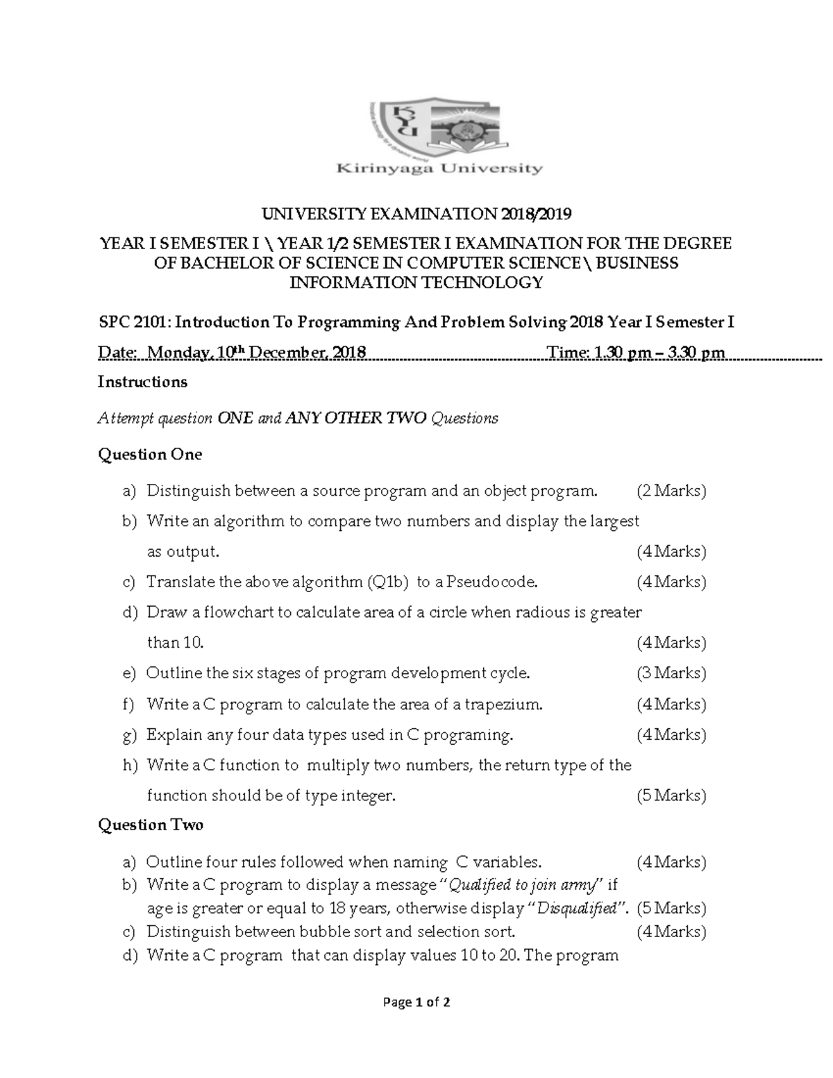 Programming concepts exam paper for your benefits - Page 1 of 2 ...
