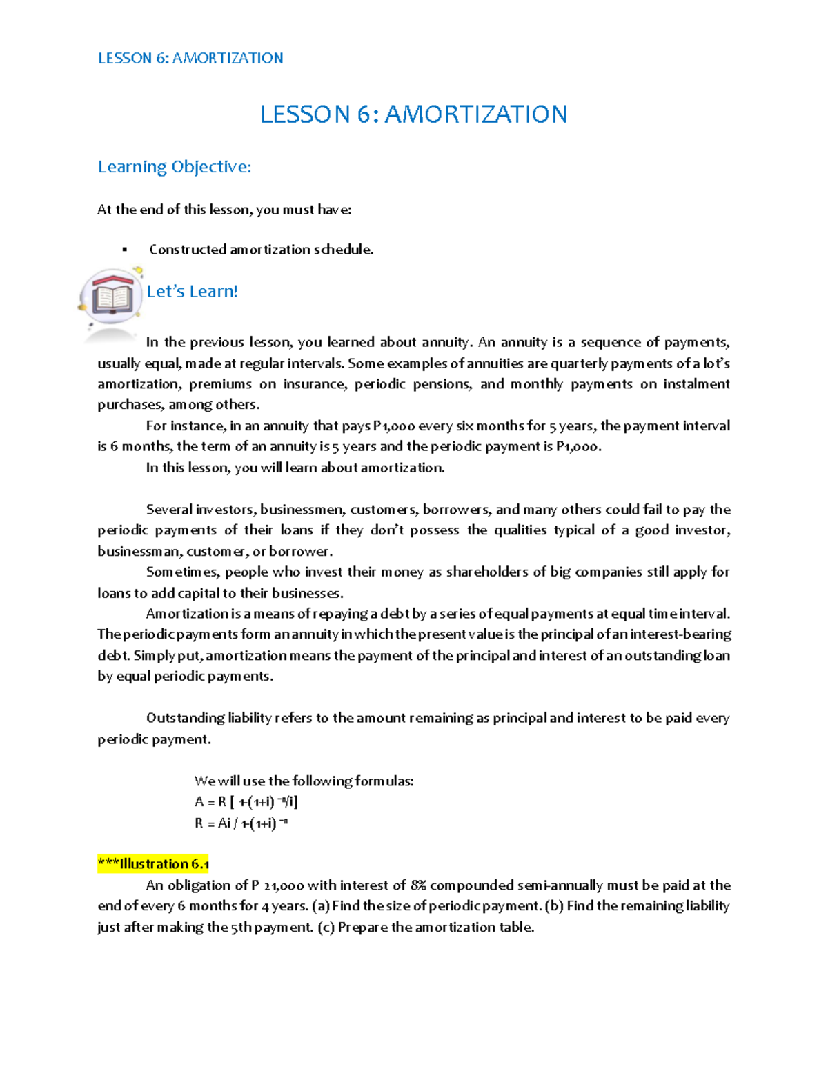 Lesson-6-Amortization - LESSON 6 : AMORTIZATION Learning Objective: At ...