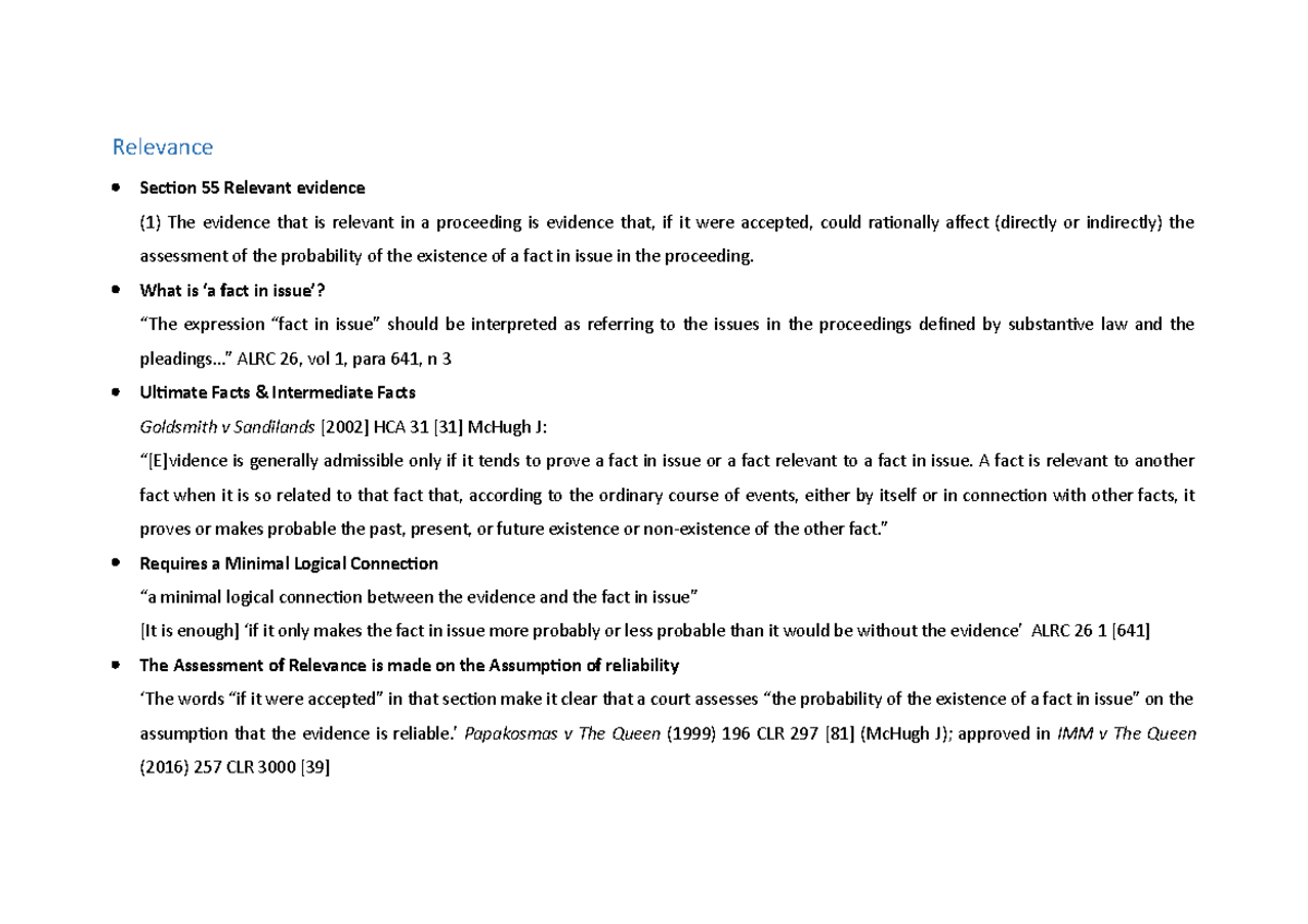 Notes - Relevance Section 55 Relevant evidence (1) The evidence that is ...