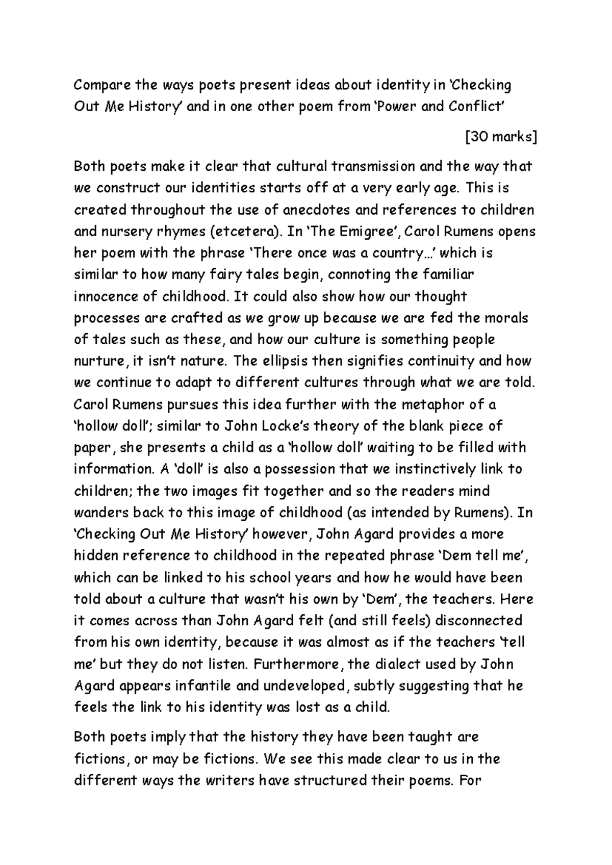 Compare the ways poets present ideas about identity in Checking out me ...