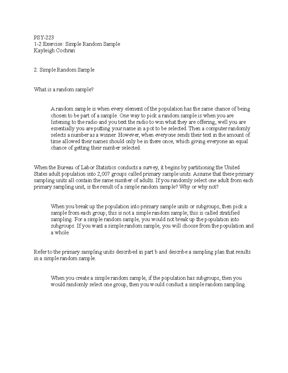Simple Random Sample 1 - PSY- 1-2 Exercise: Simple Random Sample Kayleigh Cochran Simple Random ...