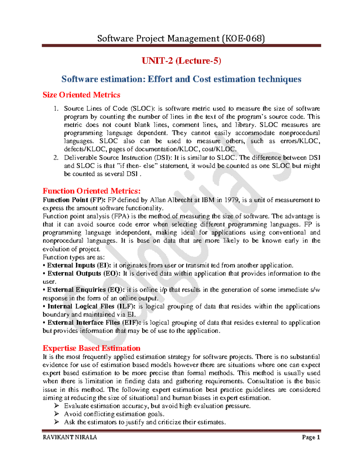 Software Project Management Unit-2 5 - Software Project Management (KOE-068) RAVIKANT NIRALA ...