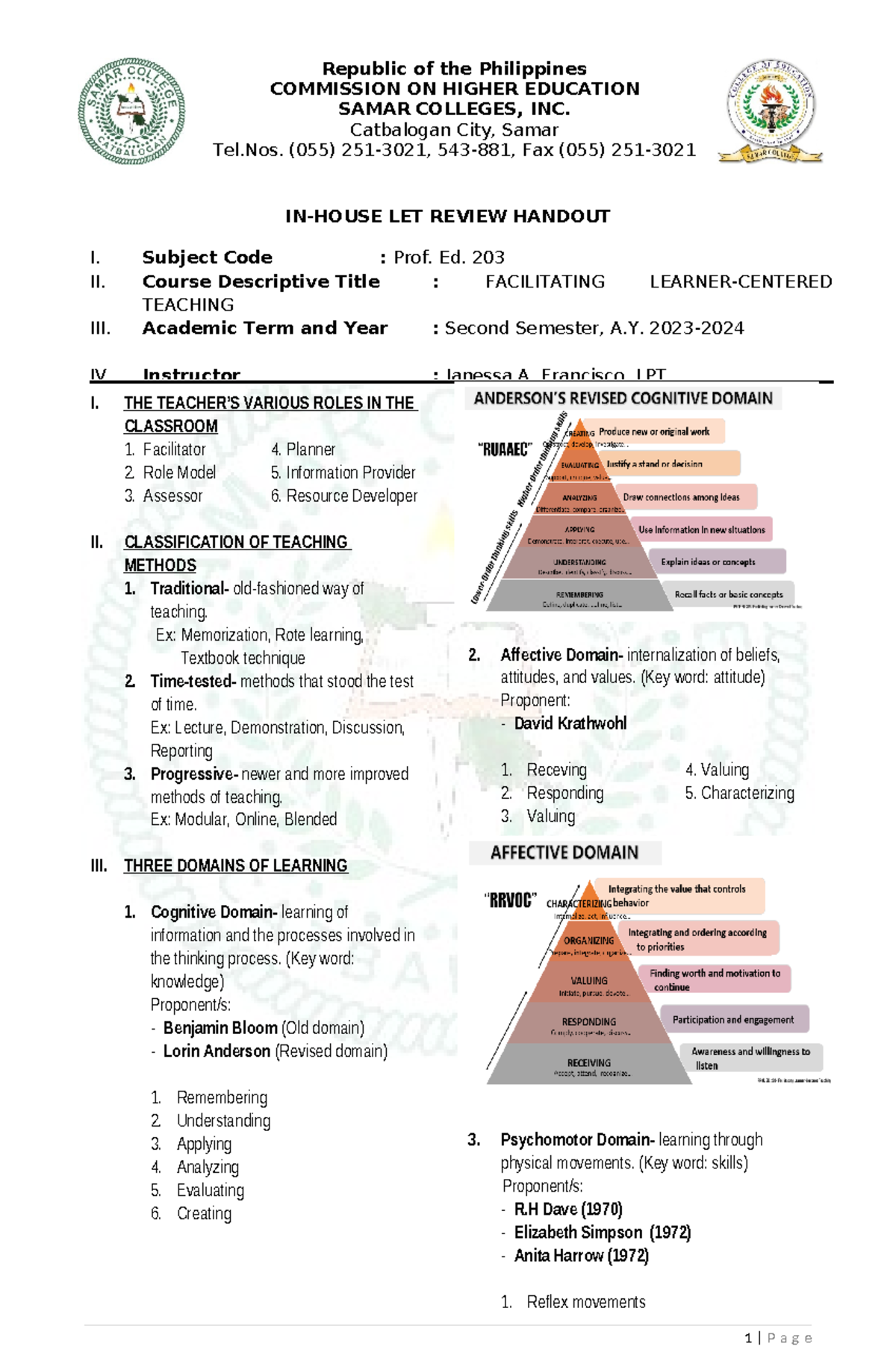 Handout-IN-FACI - I. THE TEACHER’S VARIOUS ROLES IN THE CLASSROOM ...