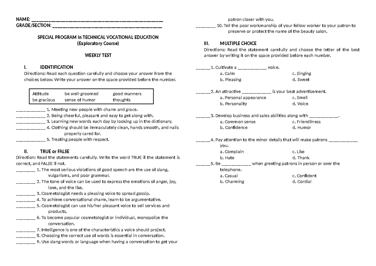 Third Q Weekly Test - NAME ...