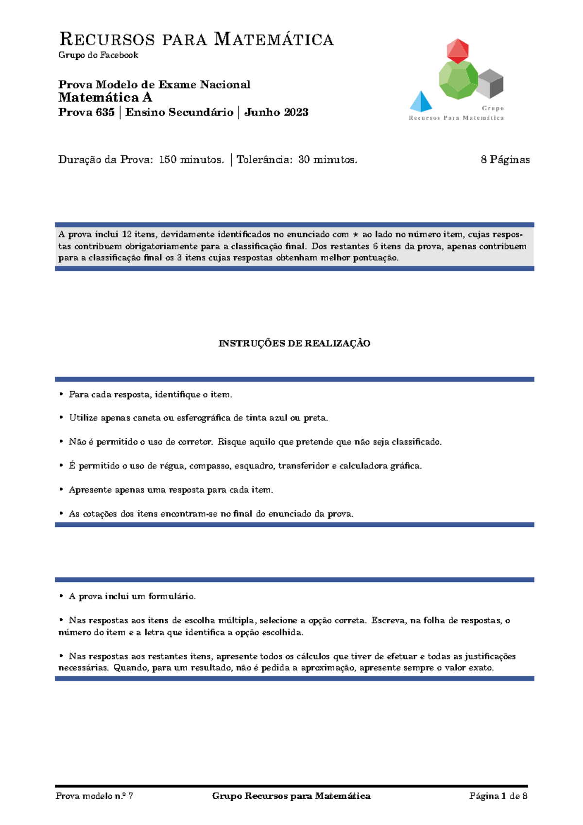 Prova modelo 7 - RECURSOS PARA MATEMÁTICA Grupo do Facebook Prova ...