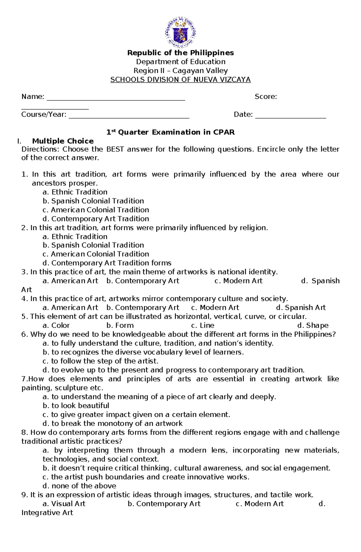 CPAR exam- TOS Based quarter 1 - p Republic of the Philippines ...