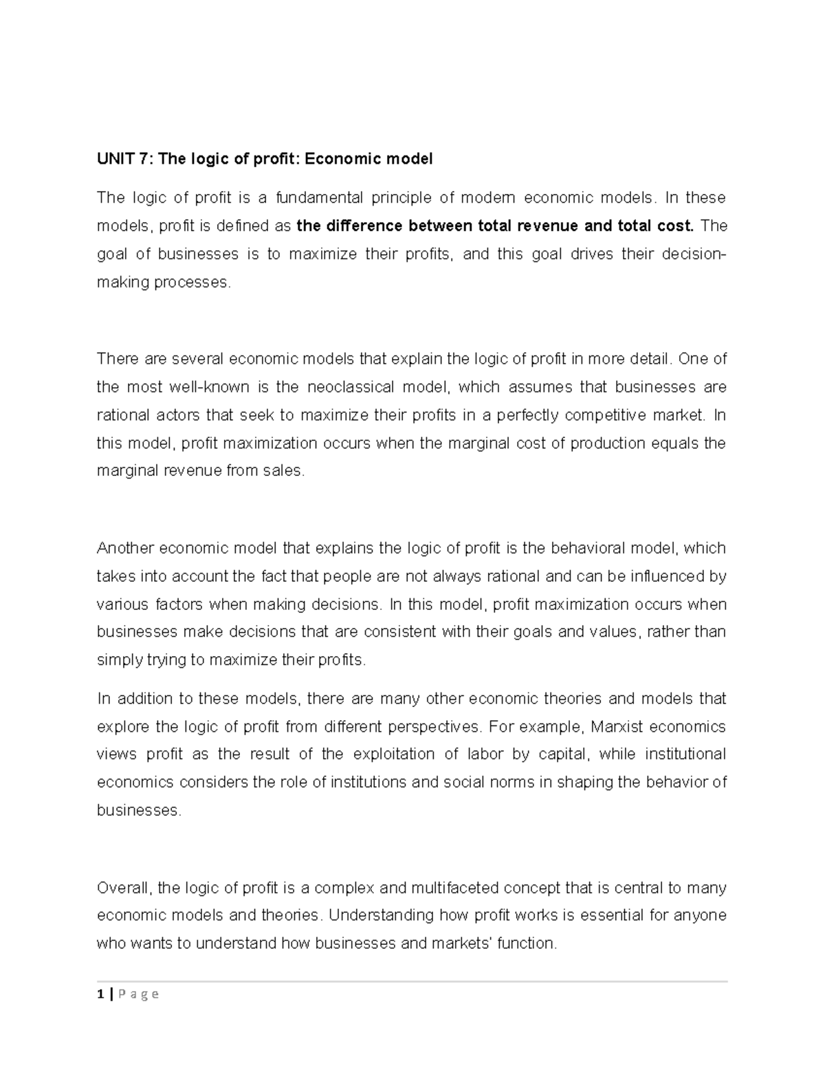 UNIT 7 The logic of profit Economic model - UNIT 7: The logic of profit ...