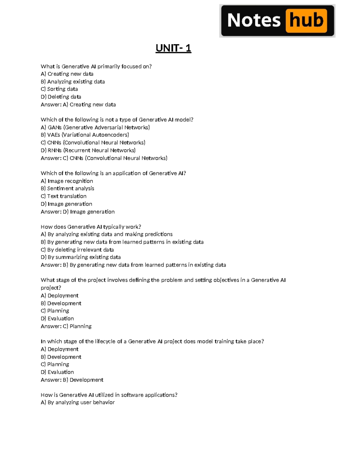 1 to 6 - UNIT- 1 What is Generative AI primarily focused on? A ...