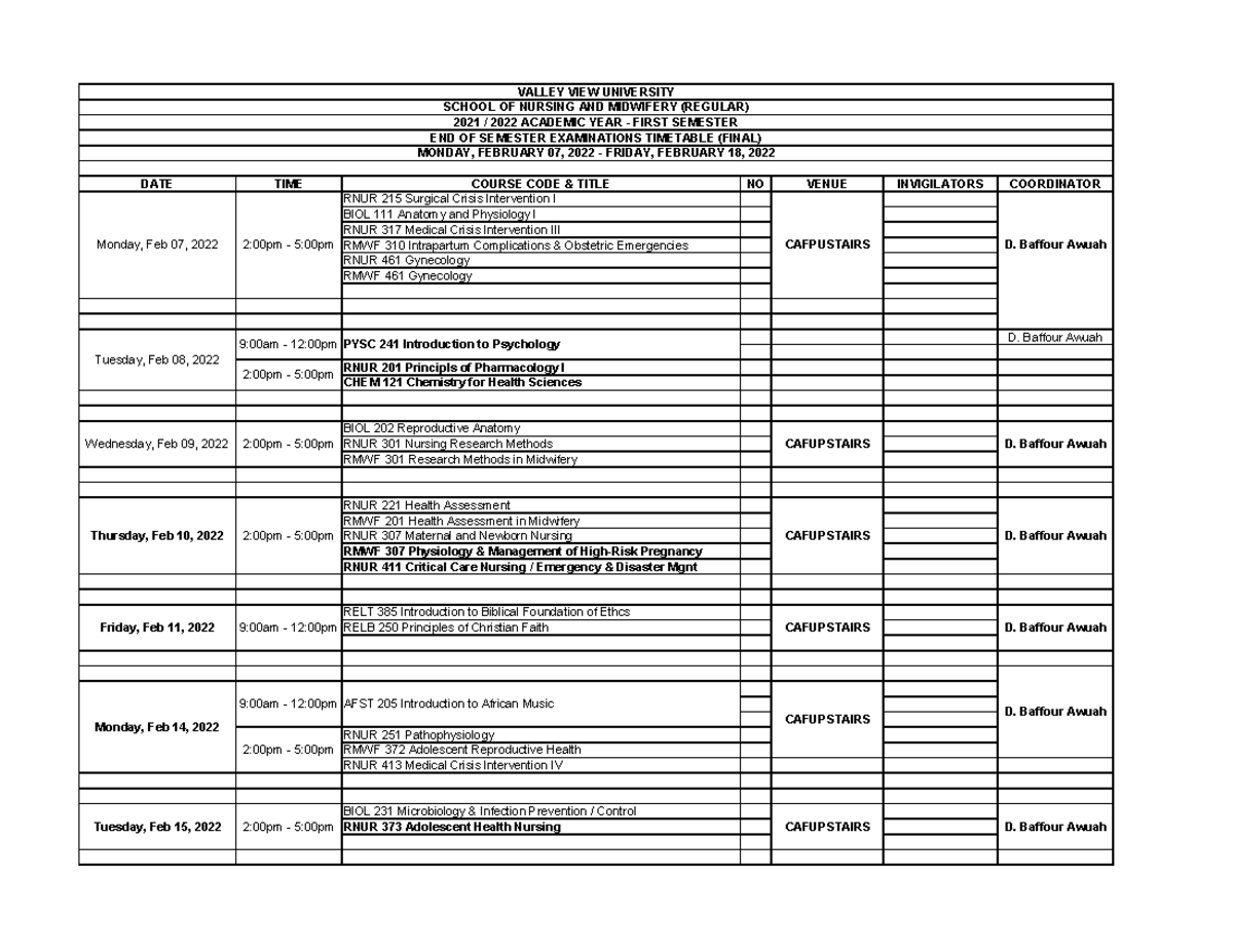 SONM 2021 2022 First Semester Exams Timetable - DATE TIME COURSE CODE ...