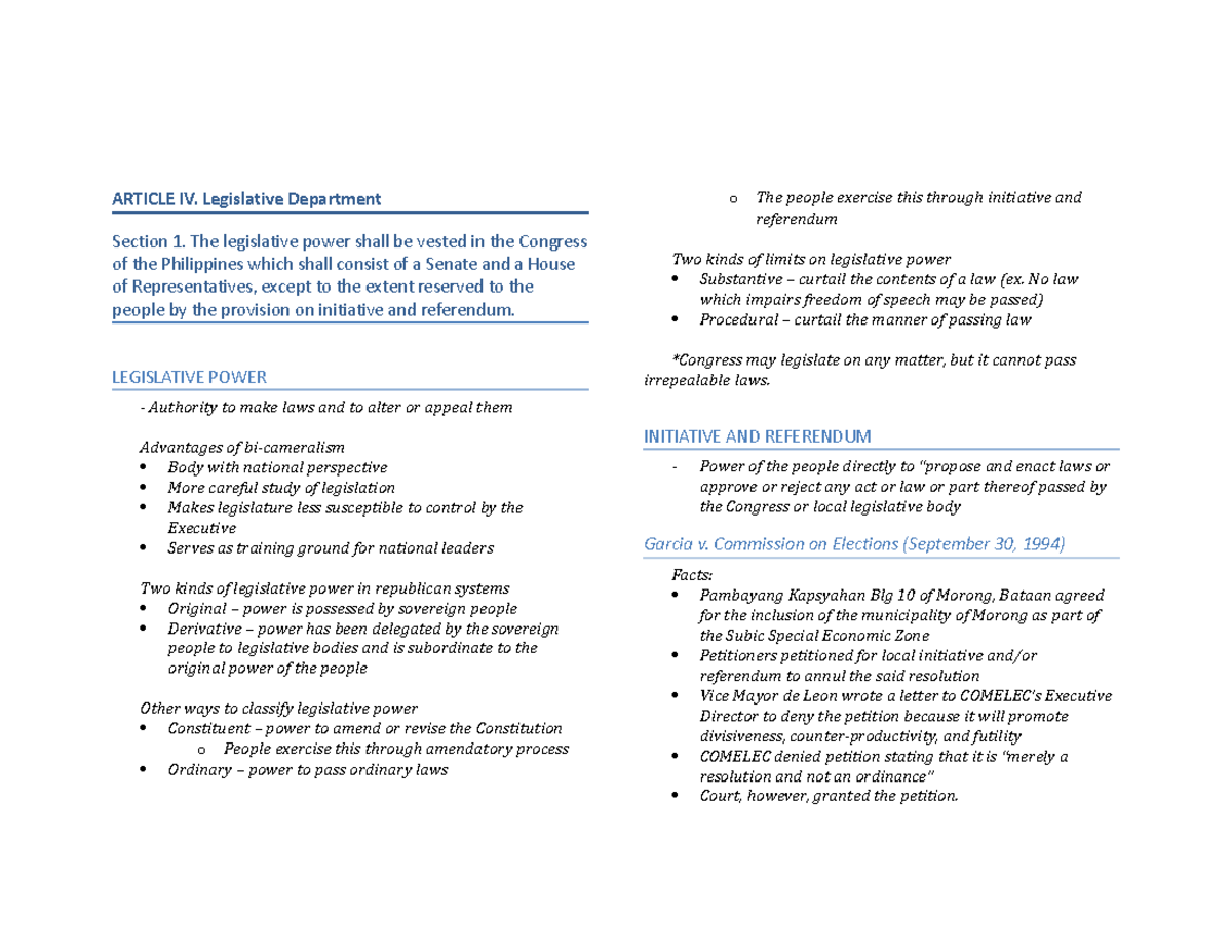 229759856 1987 Constitution Legislative Department Notes - ARTICLE IV ...